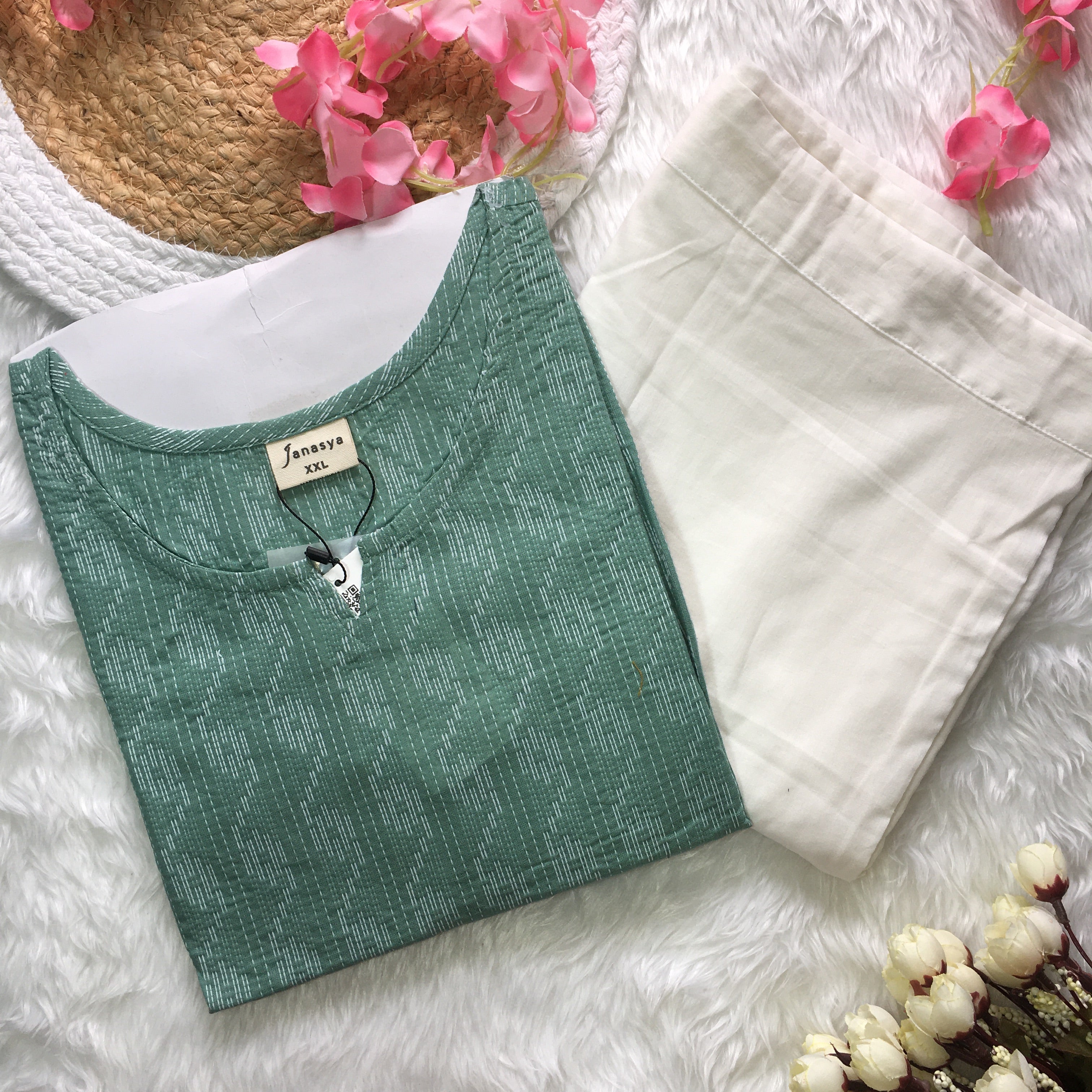 Pista Green Katha work - Knee Length - Cord Set - White Pant - Pure Co ...